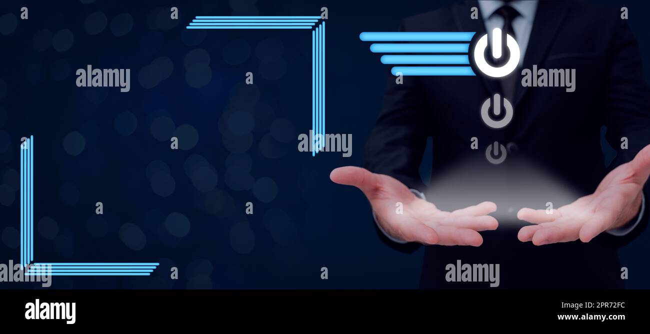 Businessman With Two Hands Showing Multiple Power Button Symbols On Top ...