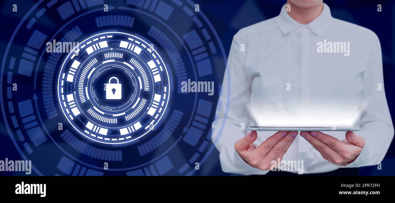 Businesswoman Holding Tablet By Futuristic Shield Protected Lock ...