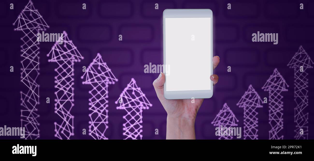 Businesswoman Hand Holding Tablet By Arrows Moving Up With Digitally ...