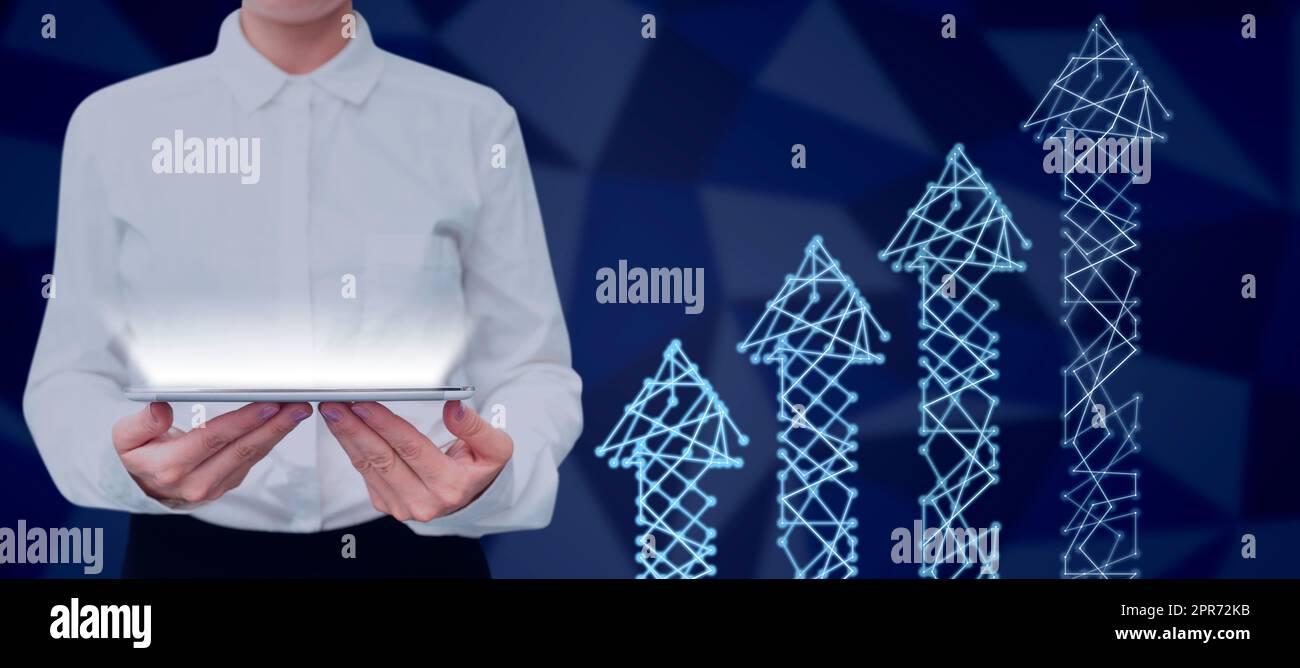 Businesswoman Holding Tablet By Arrows Moving Up And Digital Network ...