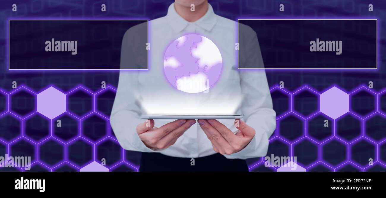 Businesswoman Holding Tablet Showing Digitally Generated Globe By Blank ...