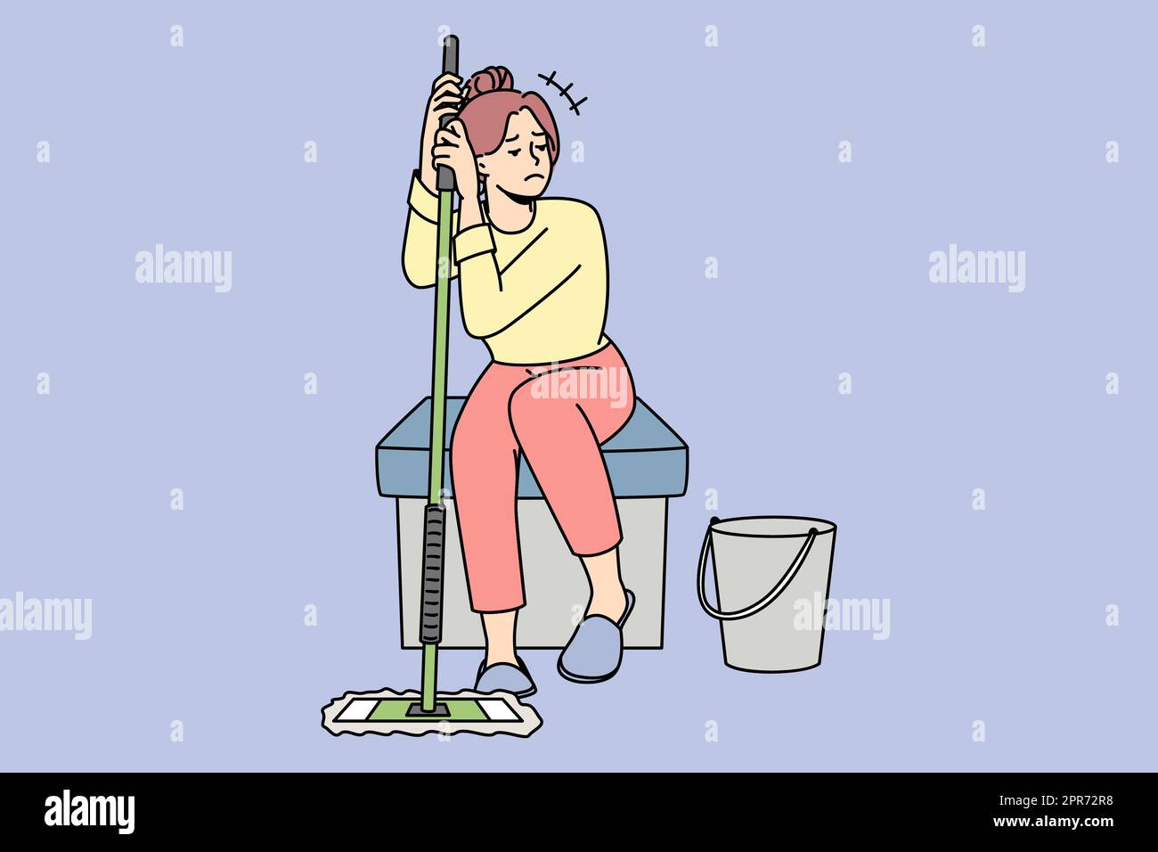 Unhappy housewife sitting with mop after cleaning feel distressed with ...
