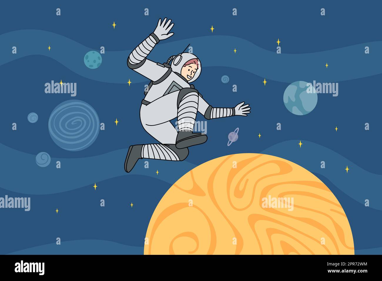Astronaut walking in open universe. Cosmonaut in spacesuit among ...