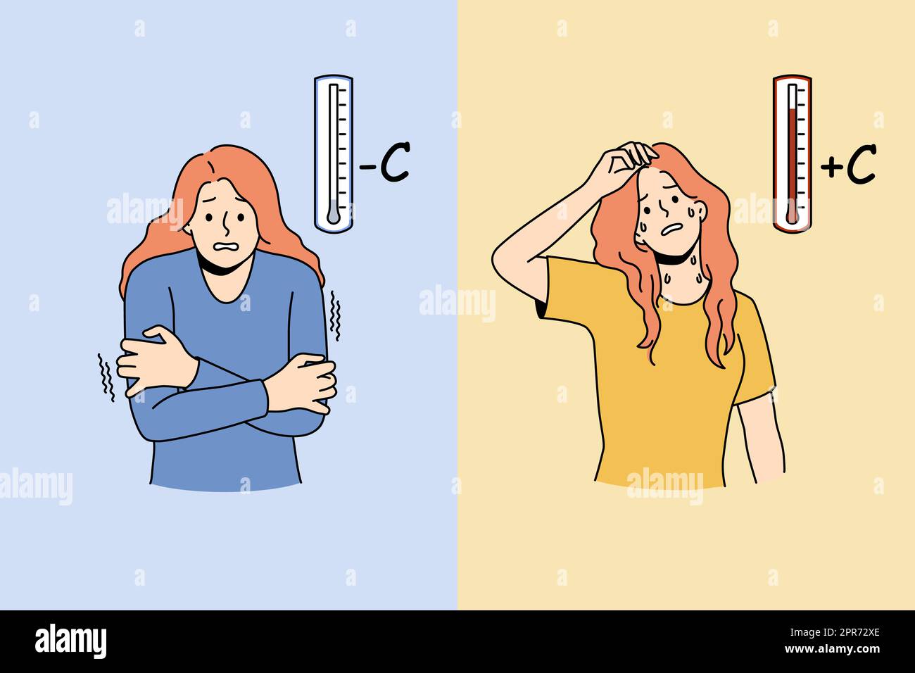 Young woman suffer from cold and hot weather. Unhappy unwell girl ...