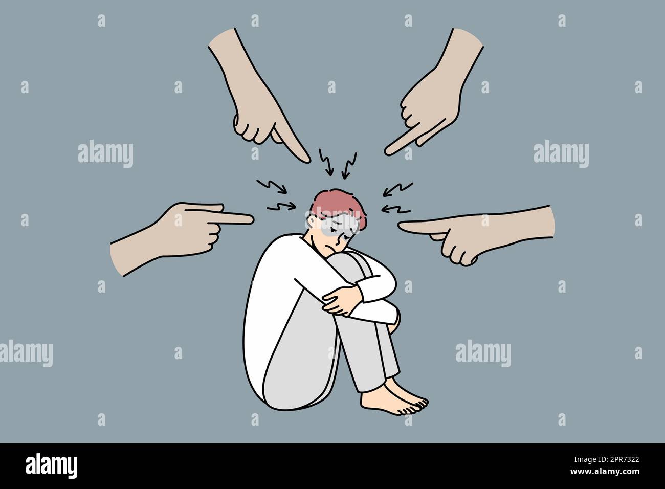 Depressed man sitting on floor feeling anxiety from hands pointing at ...