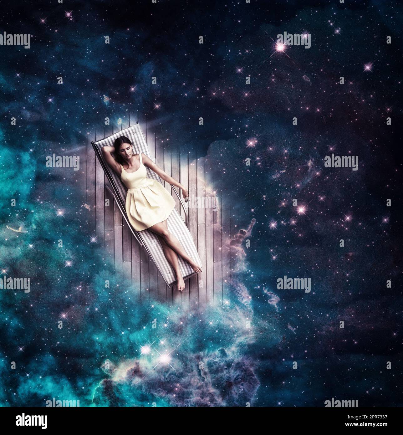Dreaming through the universe. Illustration of a young woman sleeping ...