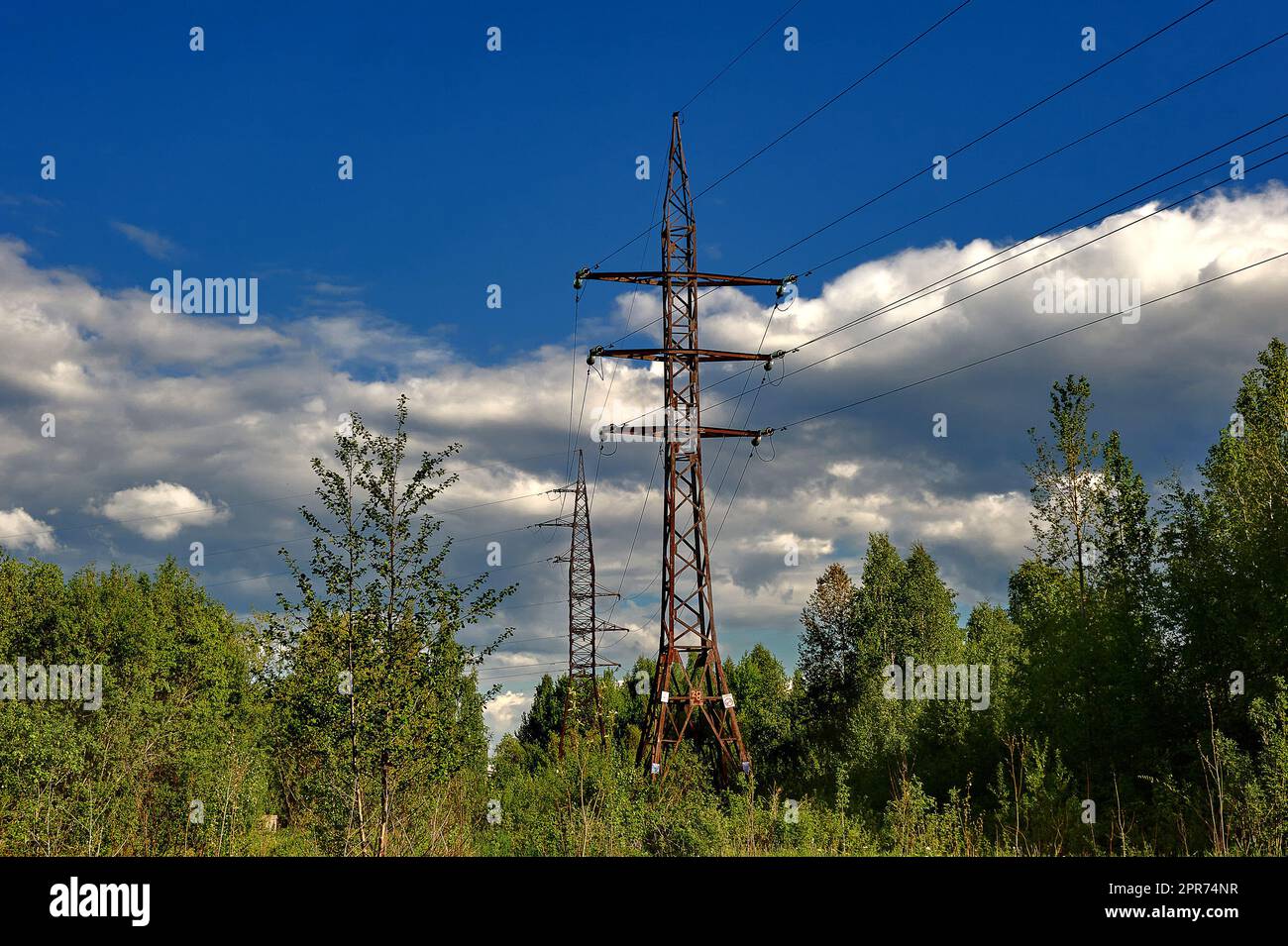a high-voltage power line runs through the forest against the blue sky ...