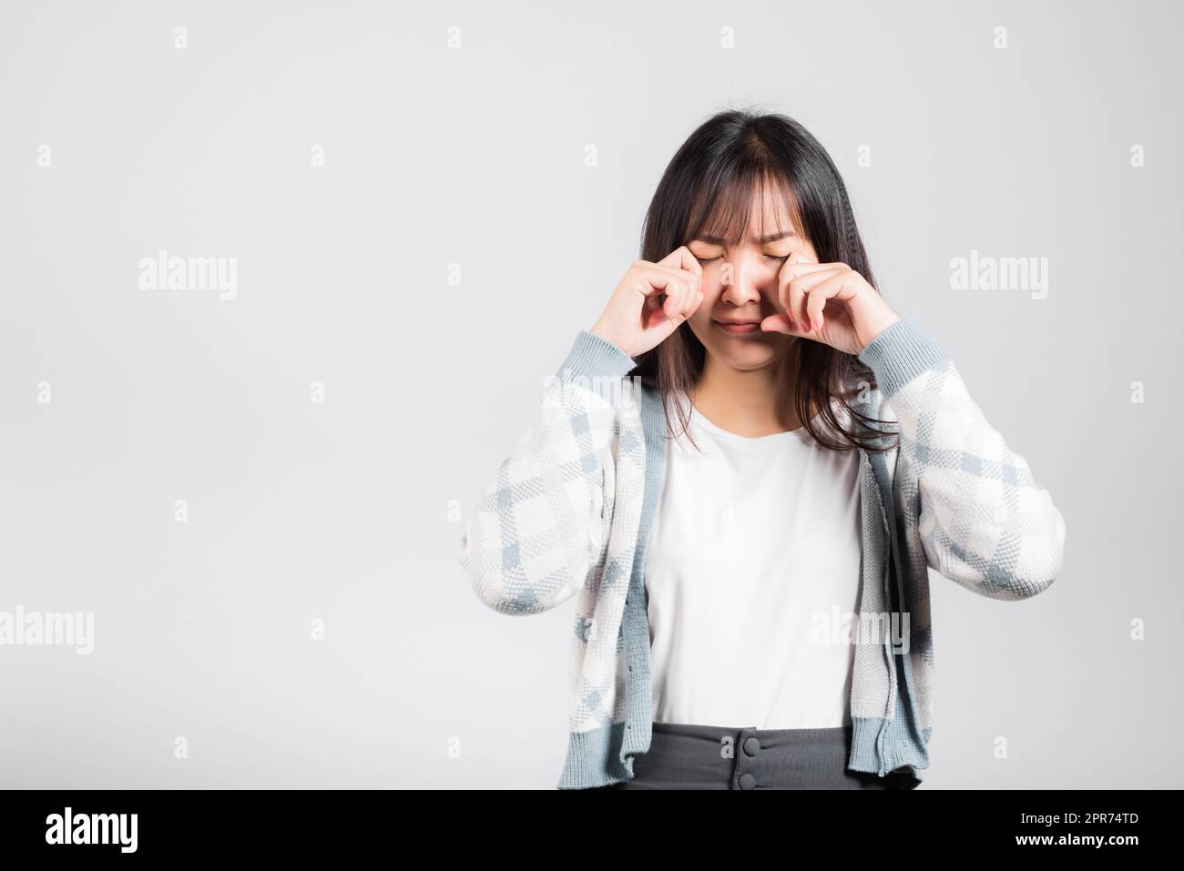 Unhappy woman bad mood her cry wipe tears with fingers Stock Photo - Alamy