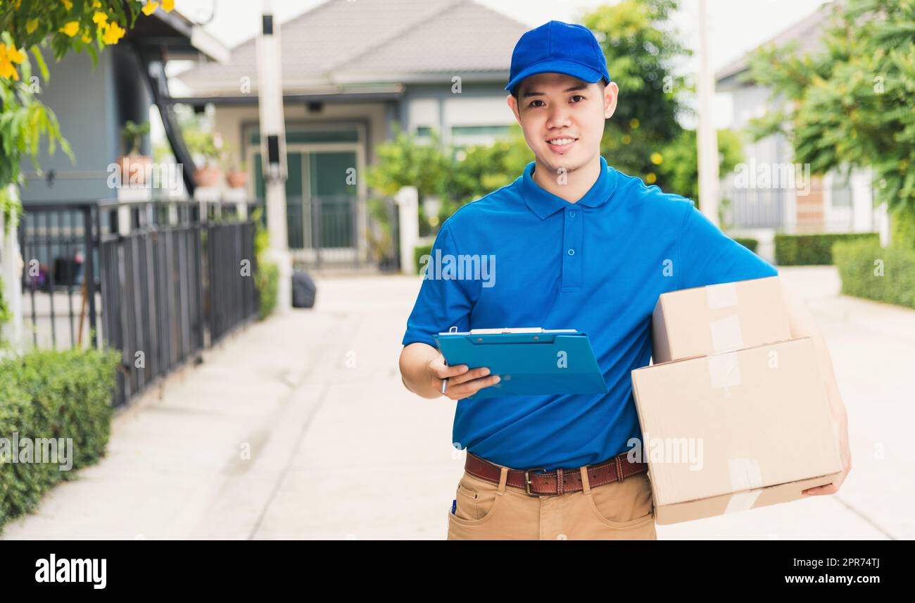 delivery man courier in uniform hold parcel post boxes service shipment ...