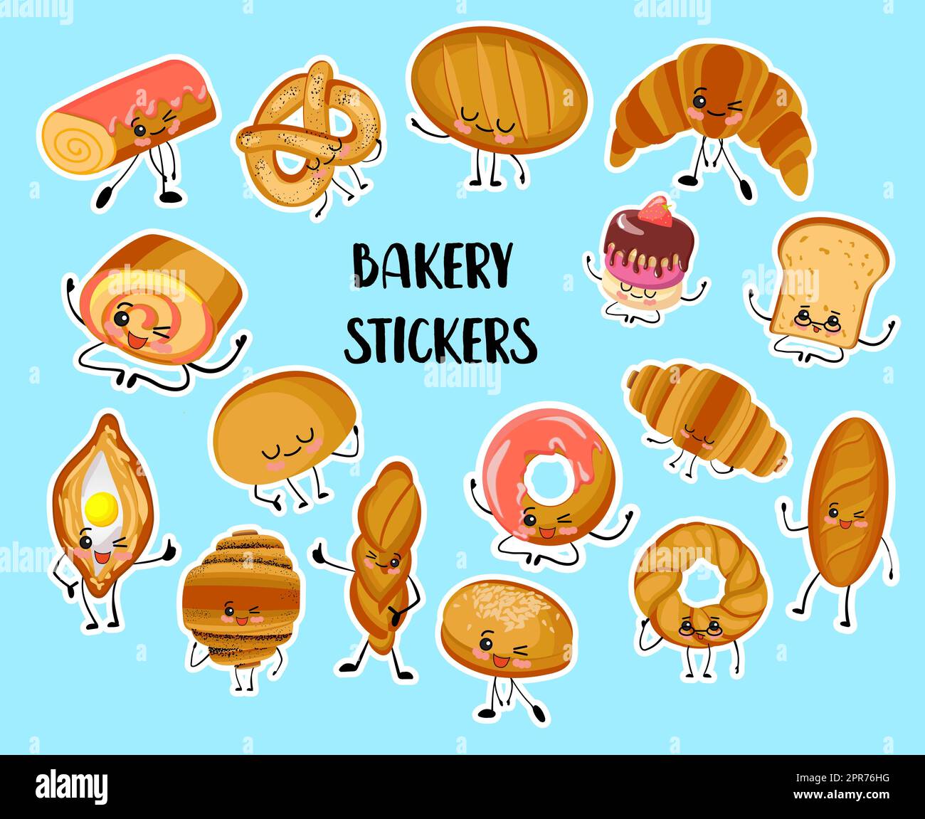 Set of funny bread, bakery characters with human faces stickers ...