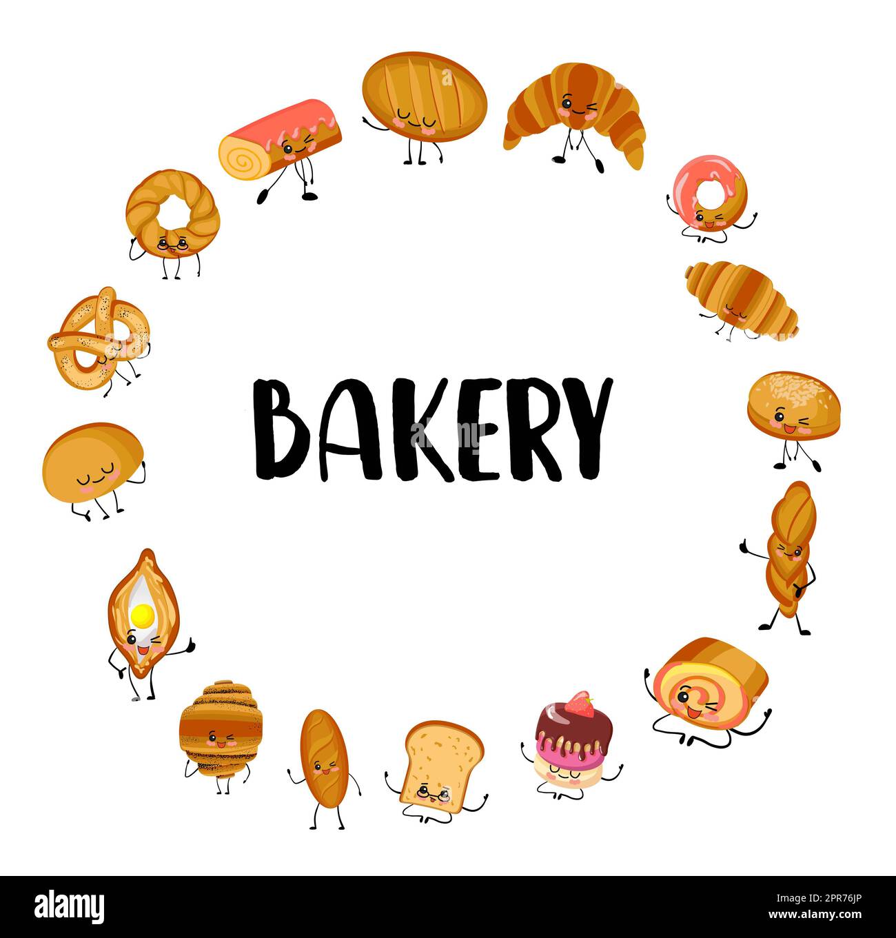 Set of funny bread, bakery characters with human faces, cartoon vector ...