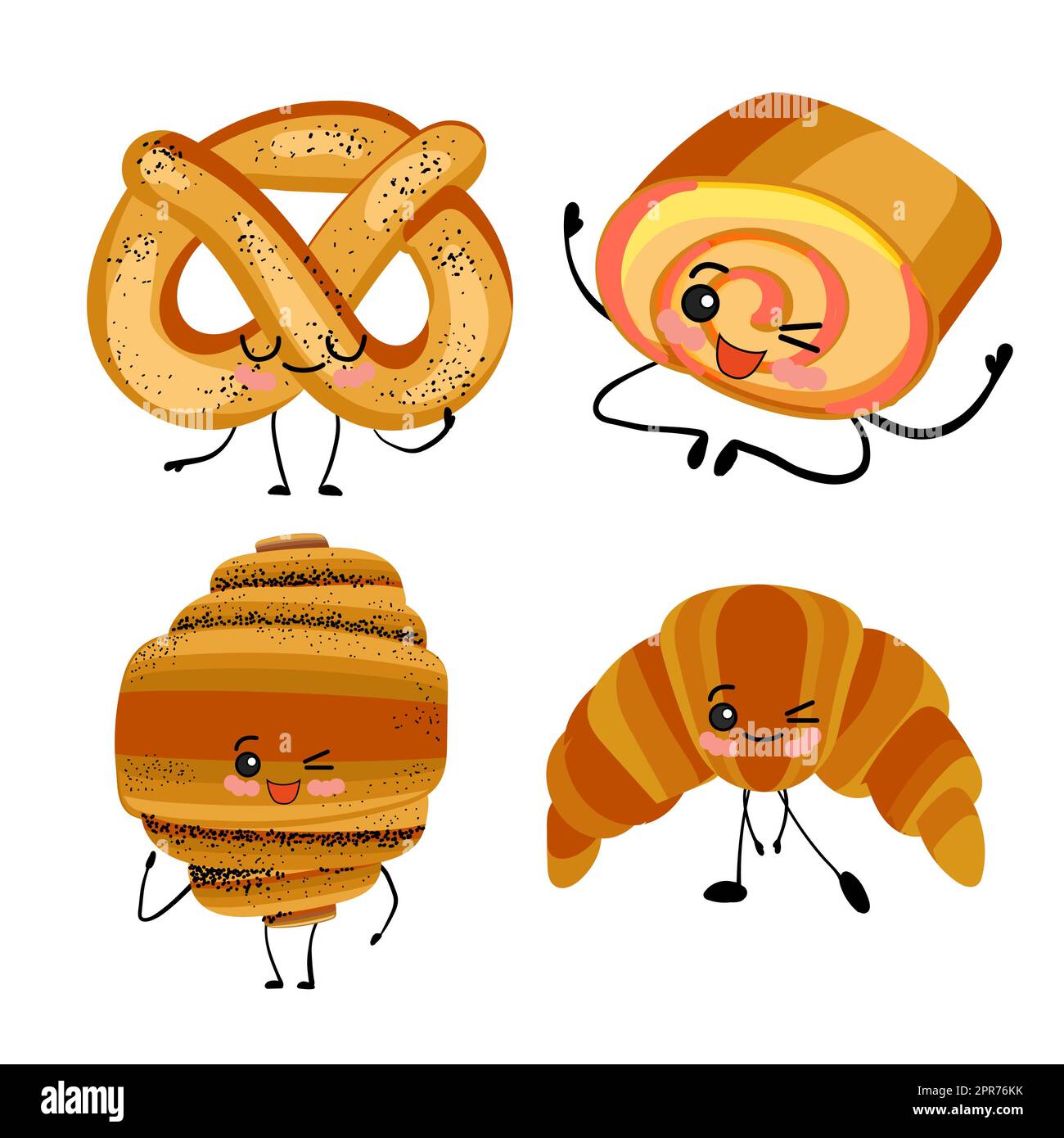 Set of sweet bakery characters. Croissant, bagel, bun and biscuit roll ...