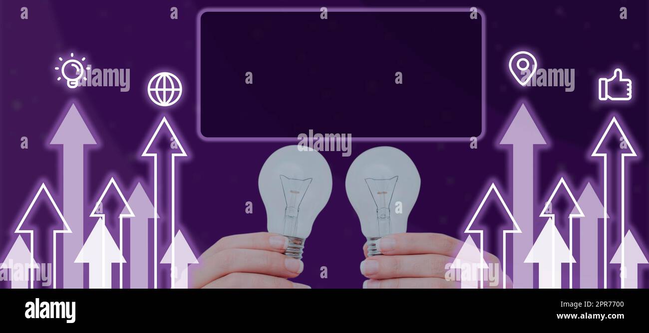 Hands Of Businesswoman Holding Light Bulbs Between Graphical Arrows ...