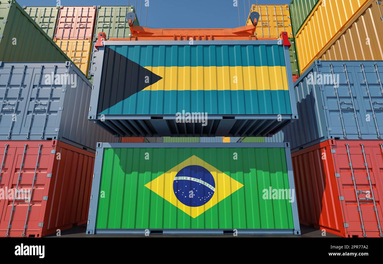 Cargo containers with Bahamas and Brazil national flags. 3D Rendering ...