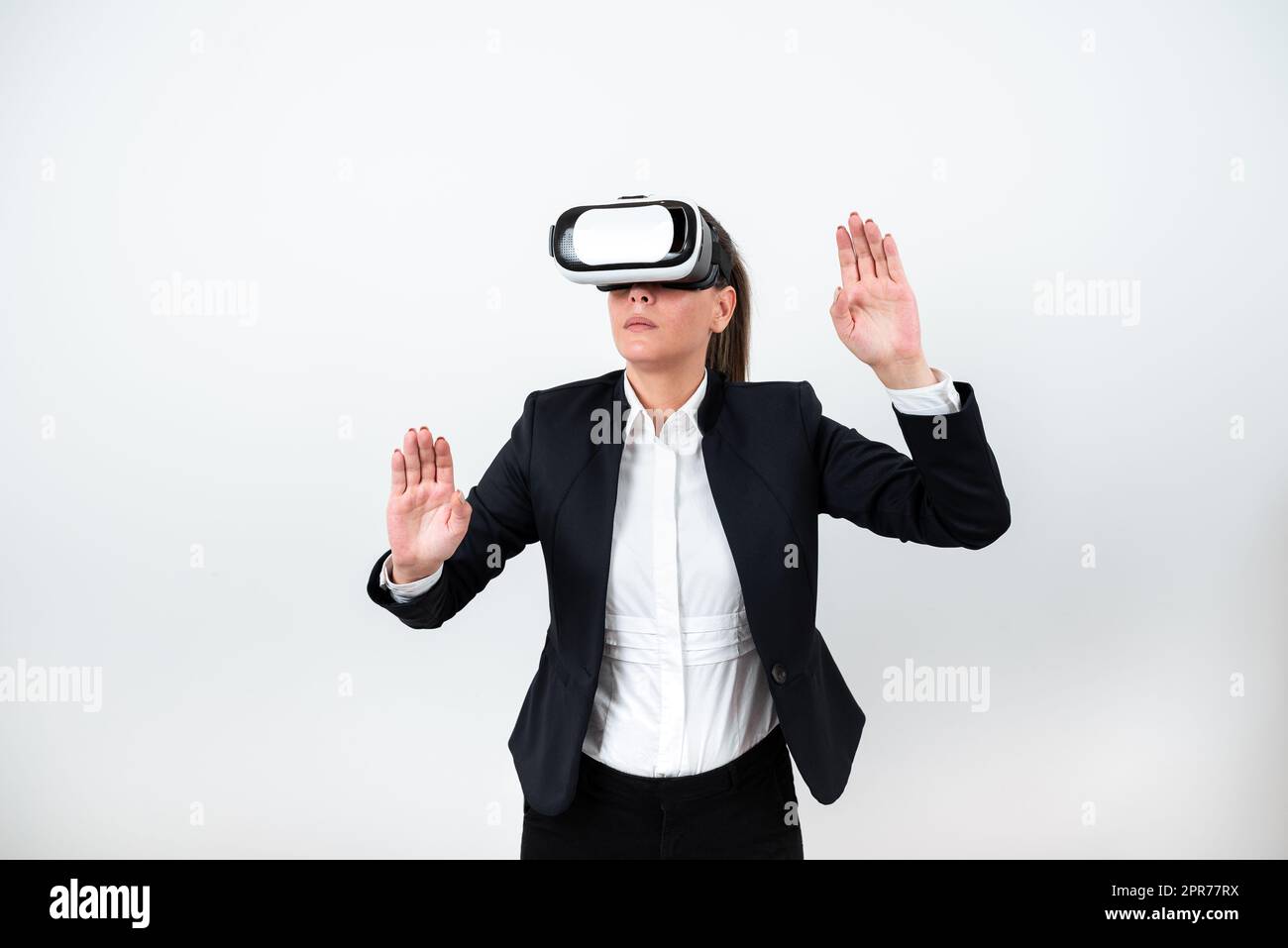 Woman Wearing Vr Glasses And Presenting Important Messages Between Hands. Businesswoman Having ...