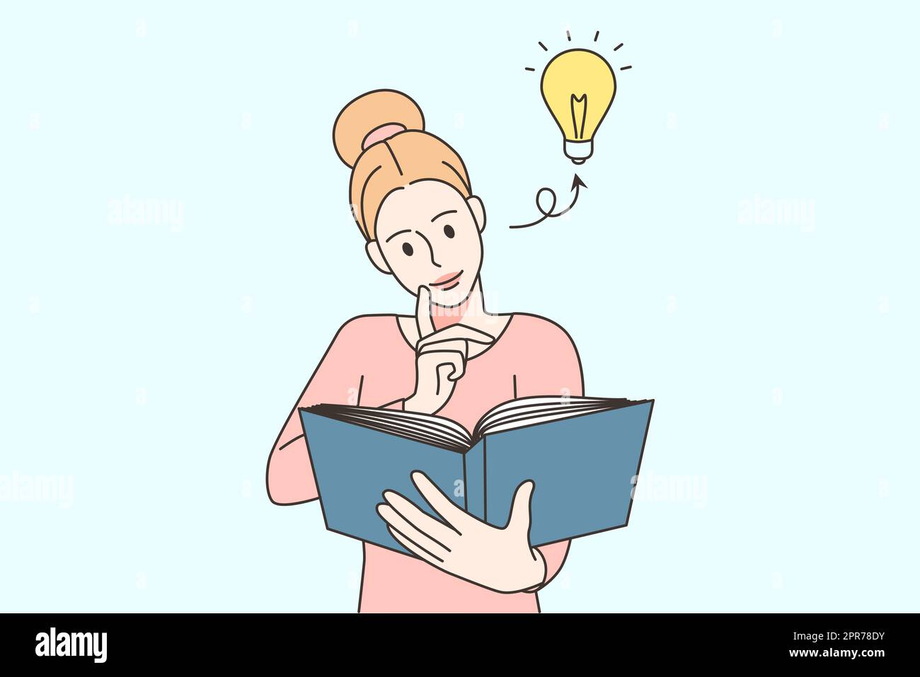 Young woman reading book get creative business idea. Female engaged in ...