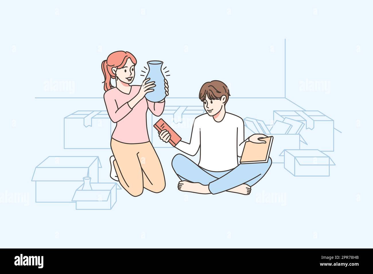 Happy couple unpacking boxes moving in together. Smiling man and woman ...