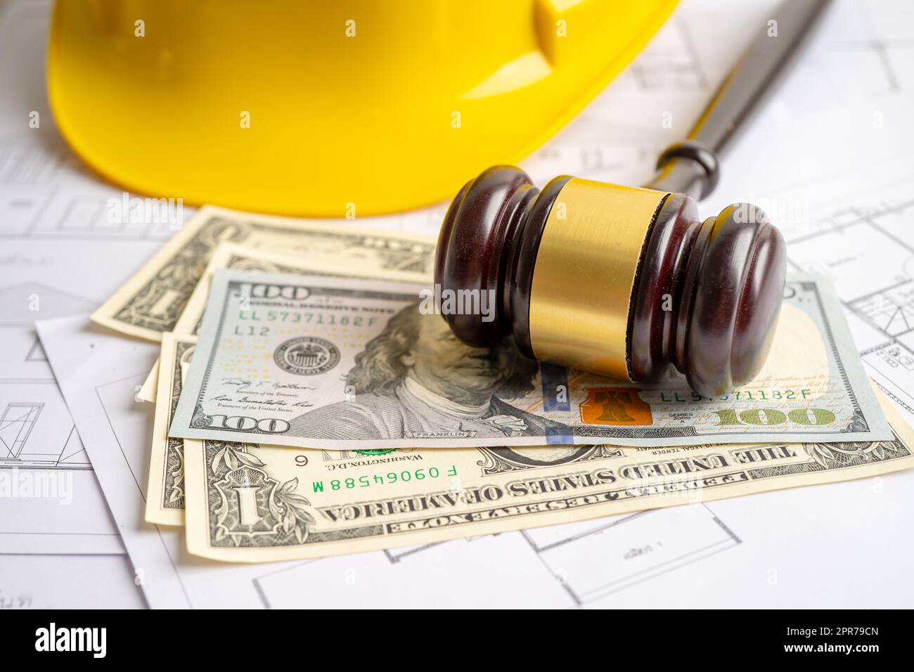 Architectural house plan project blueprint and Judge gavel hammer with ...