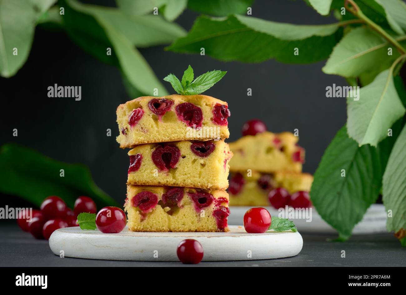 Baked pieces of sponge cake with red ripe cherries on a white wooden ...
