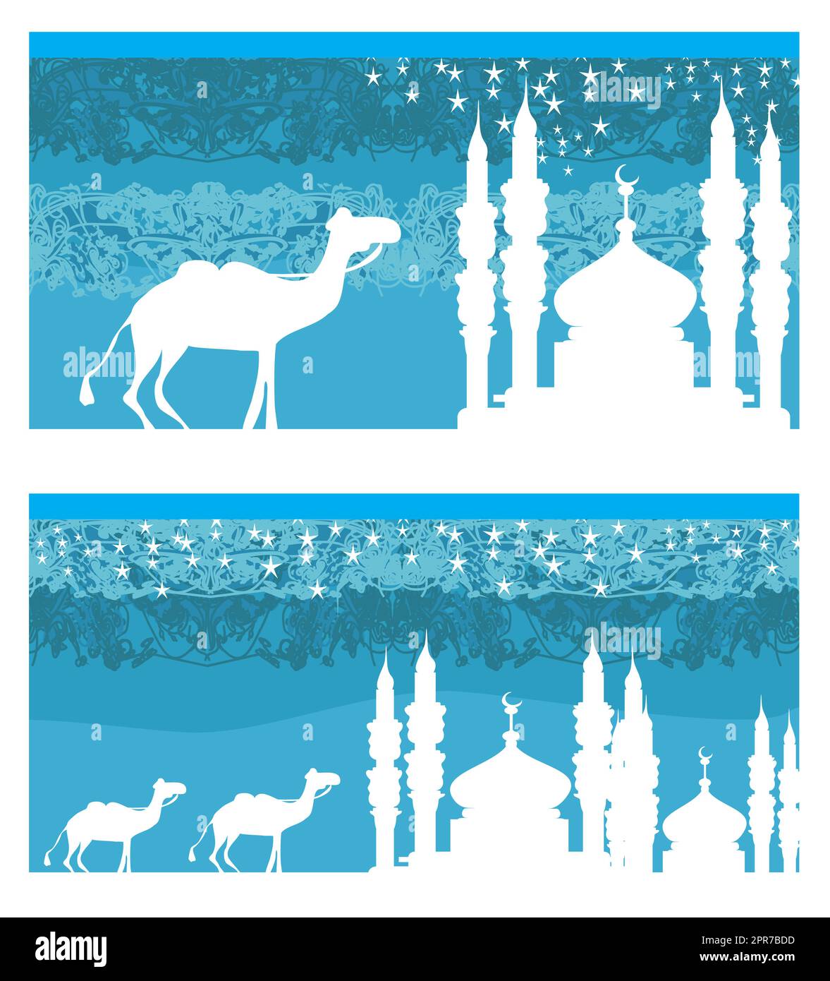 Camel through desert with arab skyline views Stock Photo - Alamy