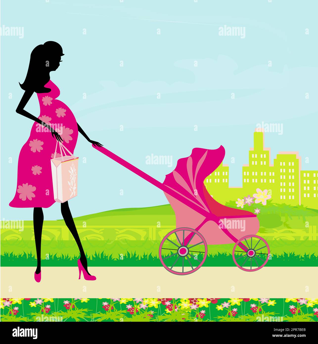 beautiful pregnant woman pushing a stroller Stock Photo - Alamy