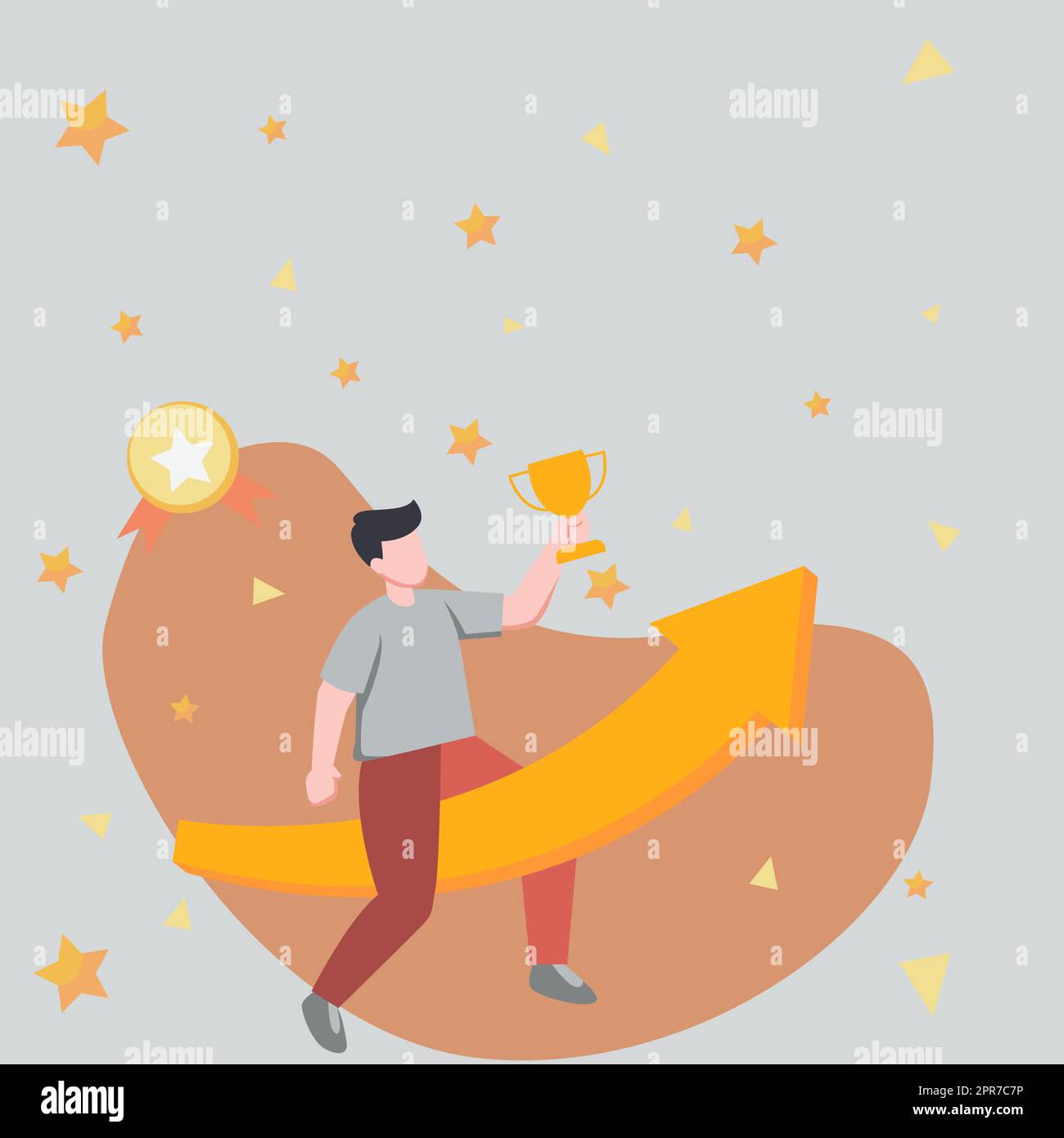 Man Drawing Holding Gold Cup Sitting On Arrow Showing Business Growth ...