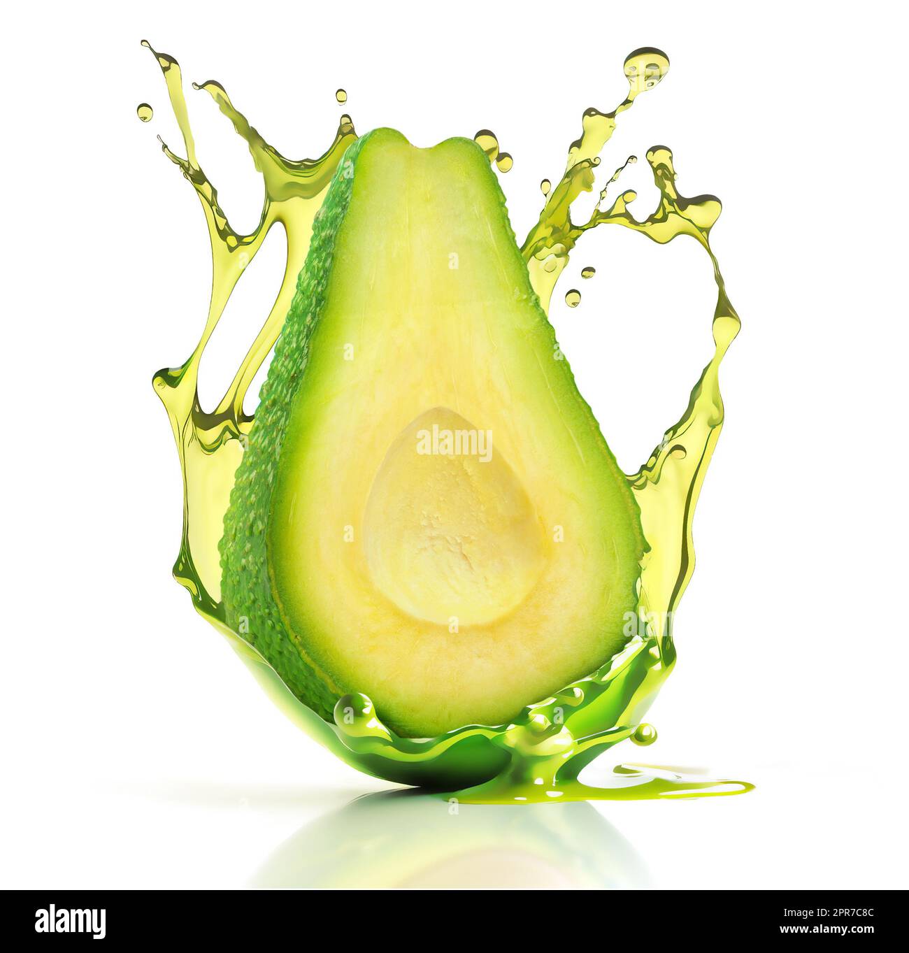 Half of avocado in a splash of avocado oil, isolated on white ...