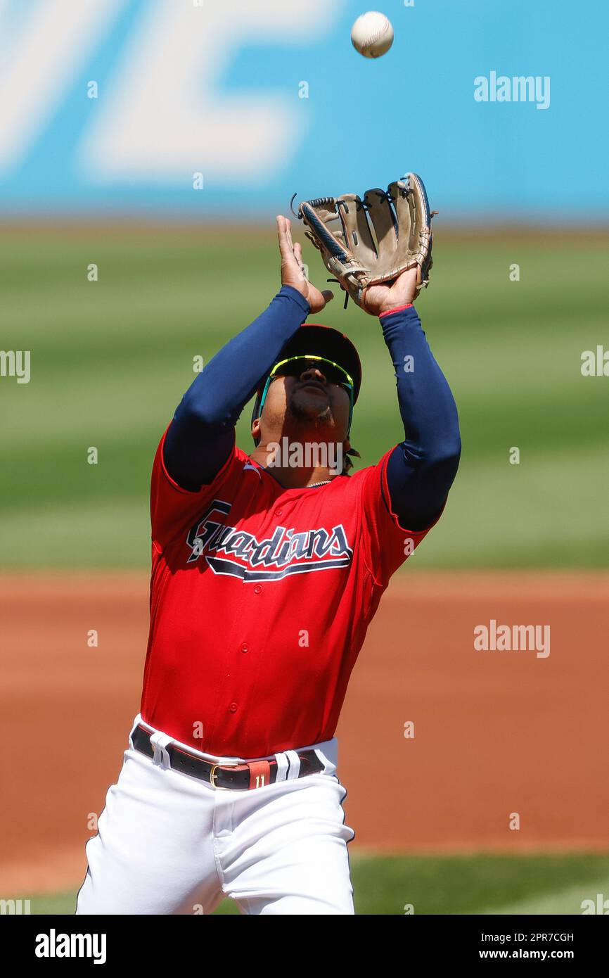 Cleveland Guardians third baseman Jose Ramirez makes a catch for an out ...