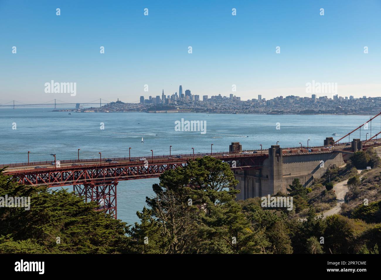 A picture of the vegetation near the Golden Gate Bridge and the city of ...