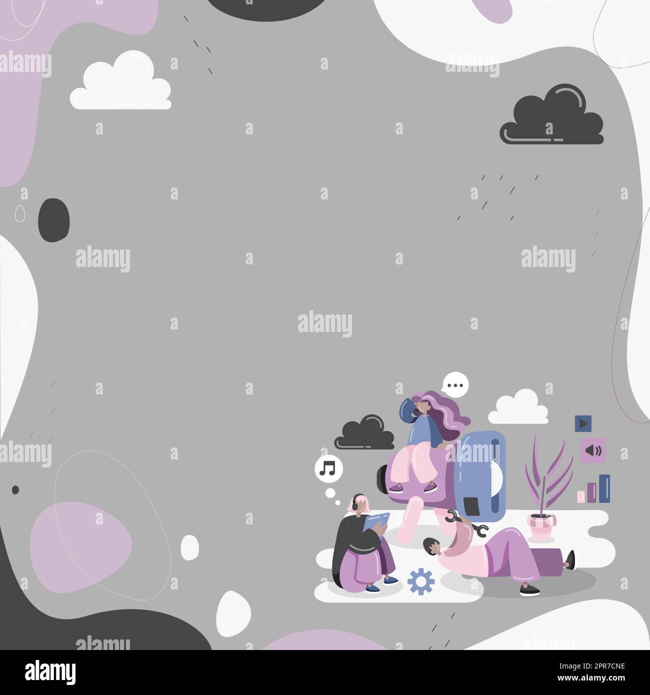 Illustration Group Relaxing Listening Music Fixing Megaphone. Three ...