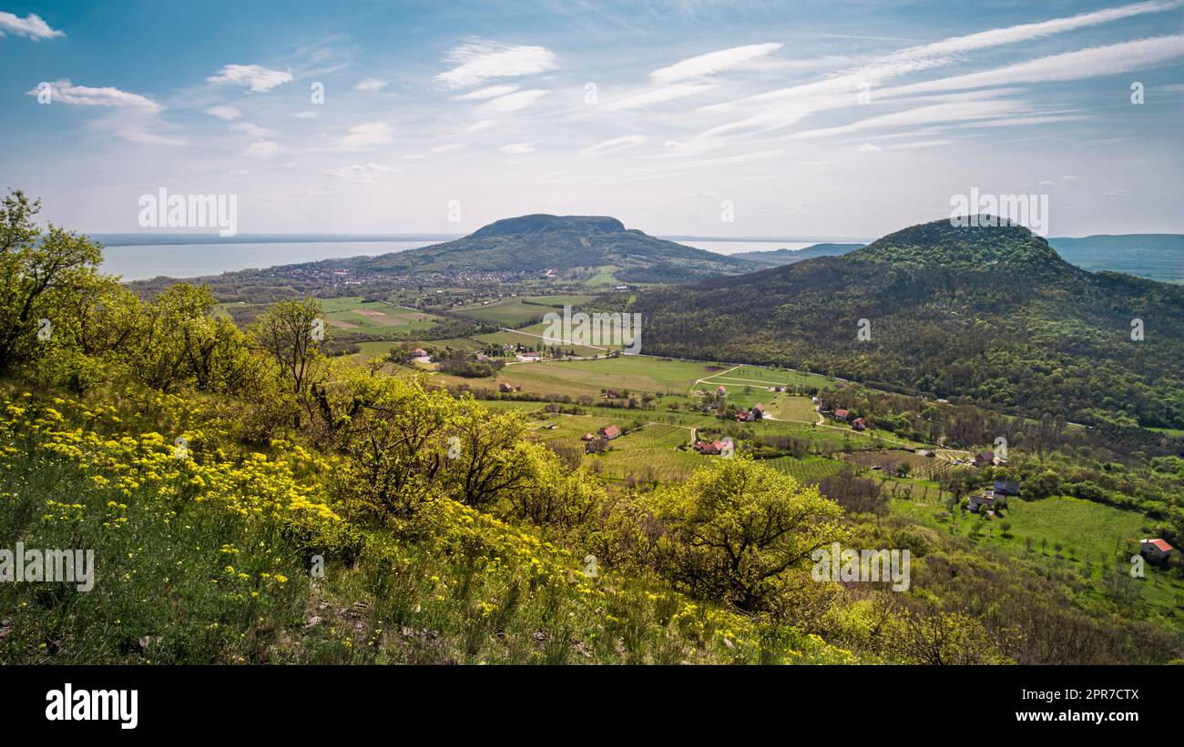 Badacsony Hill and Gulács Hill in the spring, Badacsony wine region ...