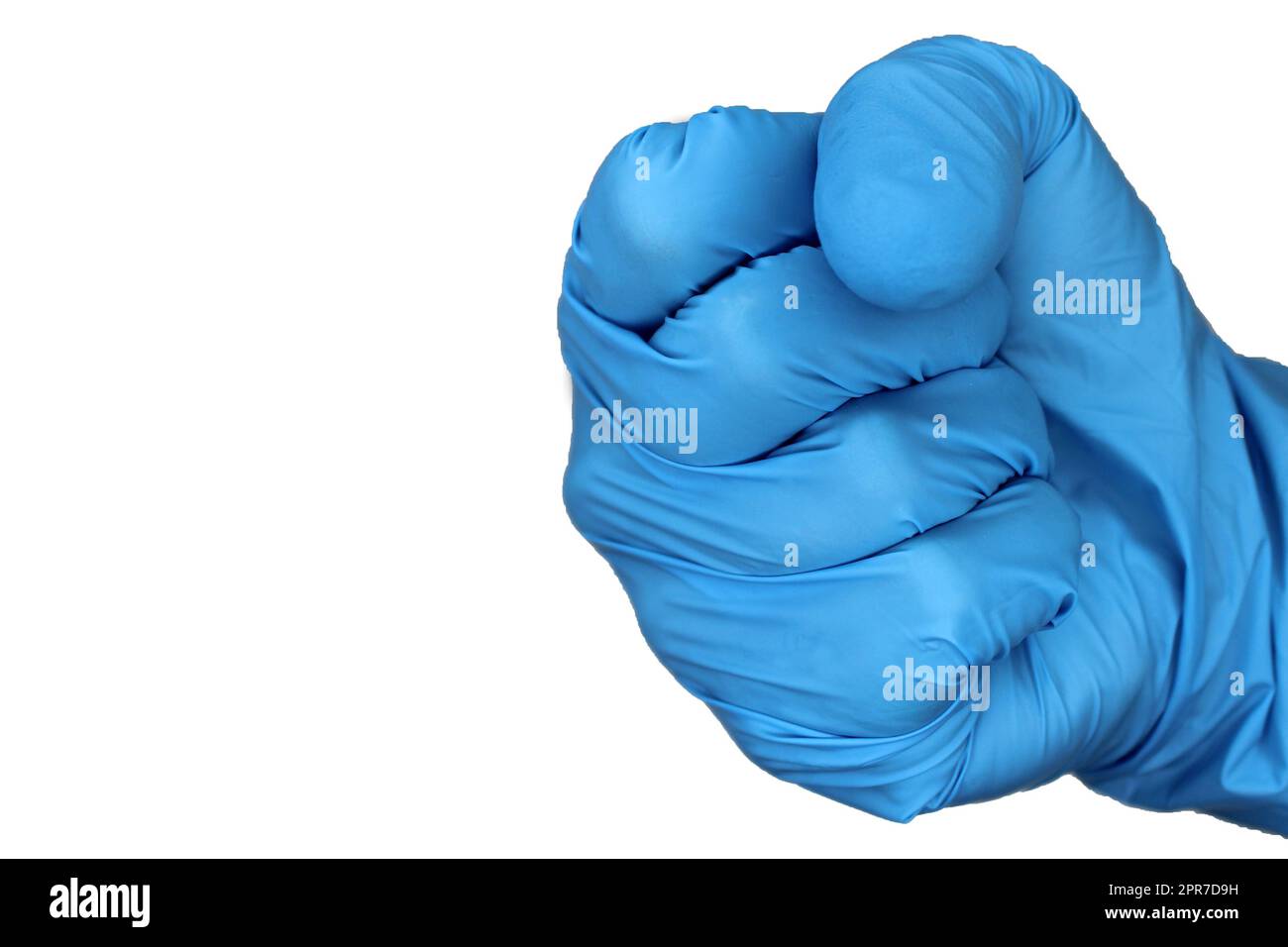 Isolated hand in a blue medical glove clenched into a fist close-up on ...