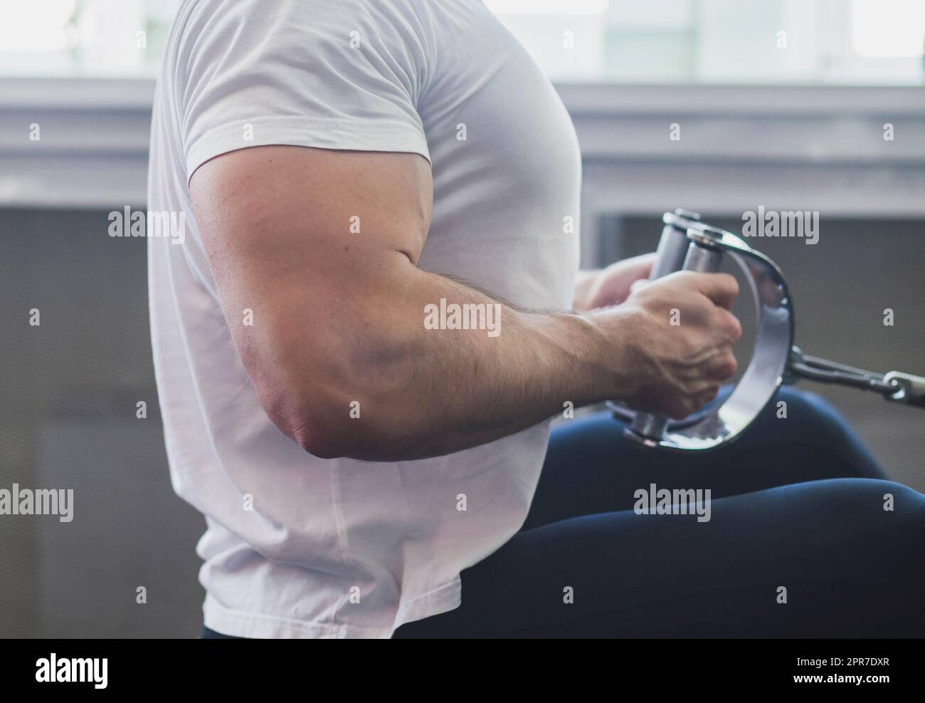 biceps of an athlete who trains in the gym, close up, focus on the arm ...