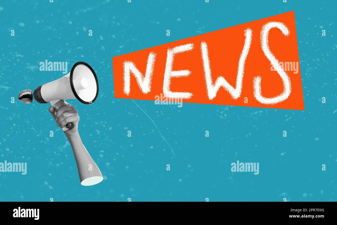 Contemporary art collage. Female hand holding megaphone with news ...