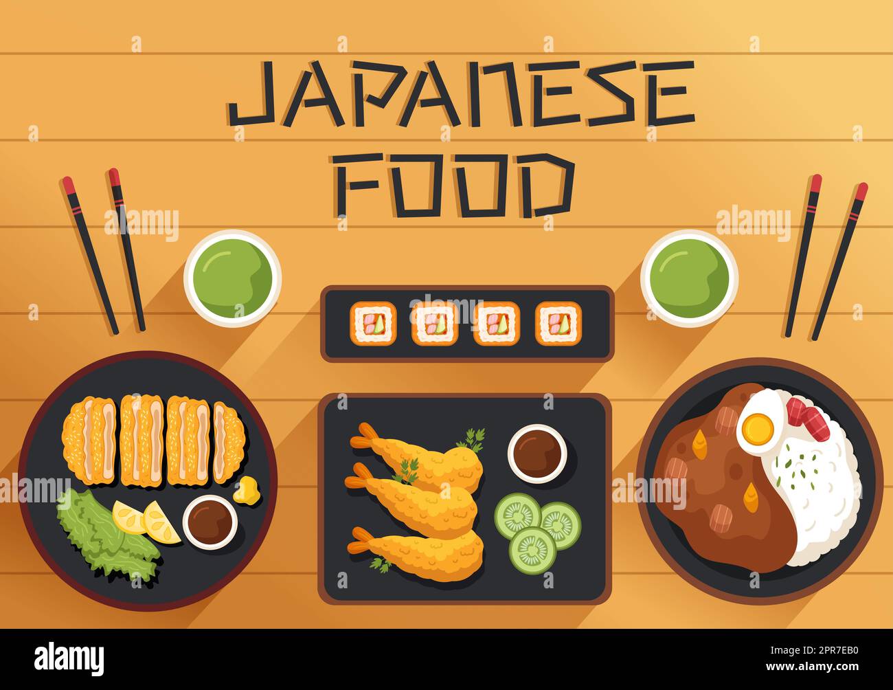 Japanese Food Cartoon Illustration with Various Delicious Dishes in the ...