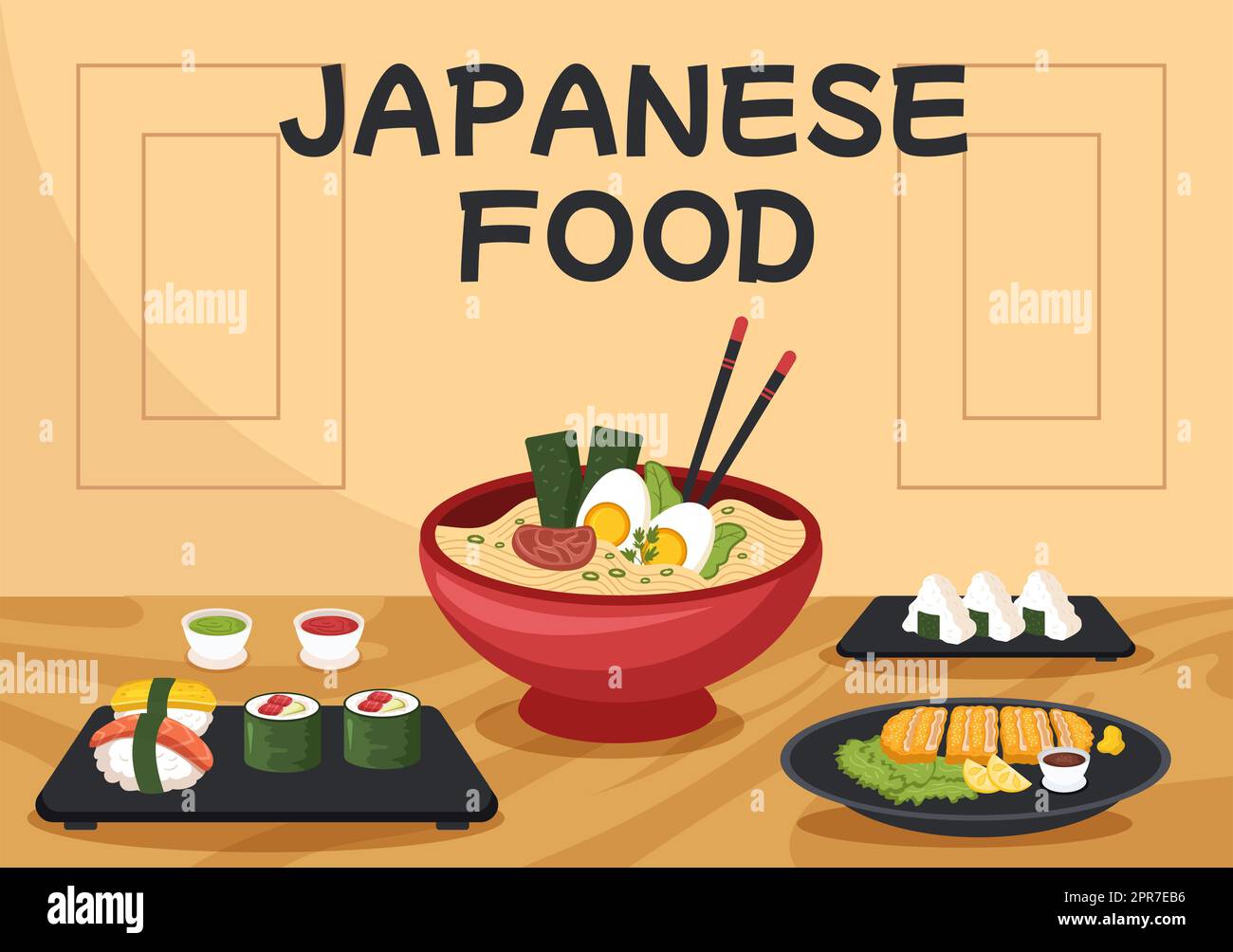 Japanese Food Cartoon Illustration with Various Delicious Dishes in the ...