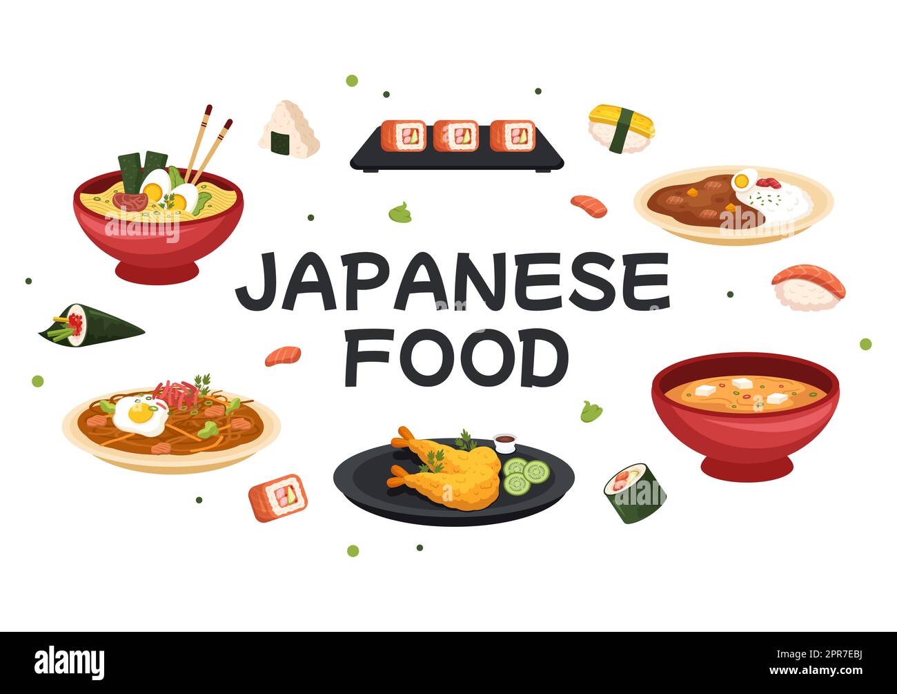 Japanese Food Cartoon Illustration with Various Delicious Dishes in the ...