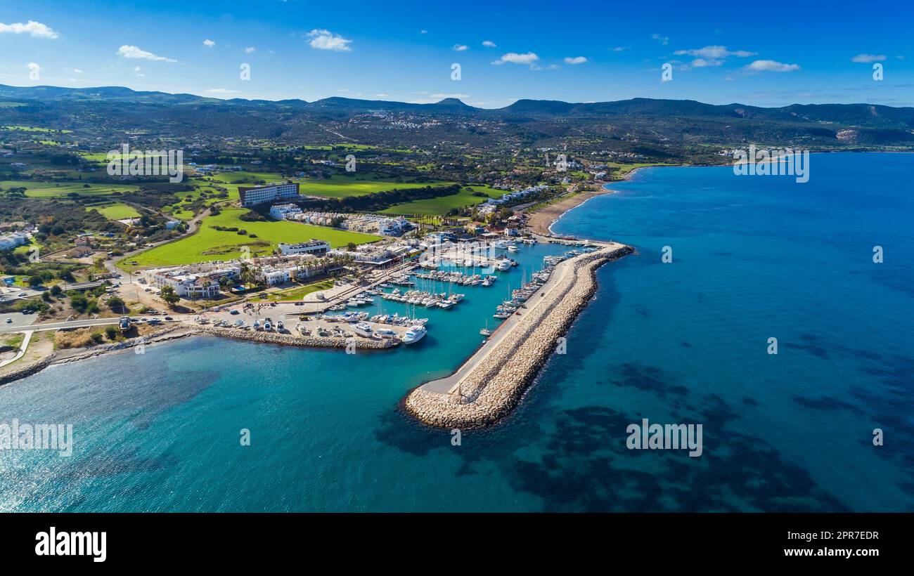 Aerial bird's eye view of Latchi port, Akamas peninsula, Polis ...