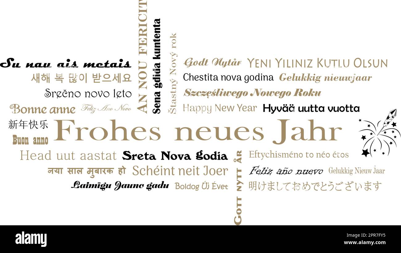 Happy New Year vector lettering. European languages, Chinese, Japanese ...