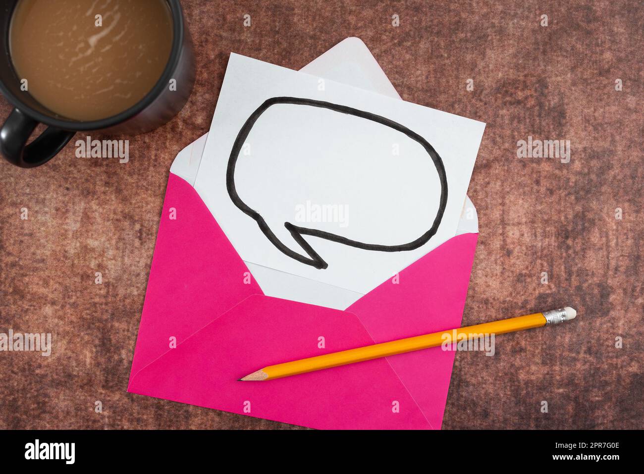 Blank Paper In Thought Bubble Shape With Envelope, Pencil And Coffee ...