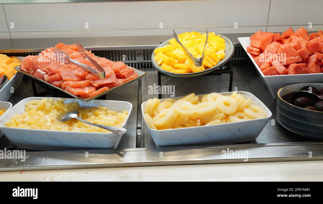 Breakfast in luxury hotel. Buffet setup in hotel dining restaurant ...