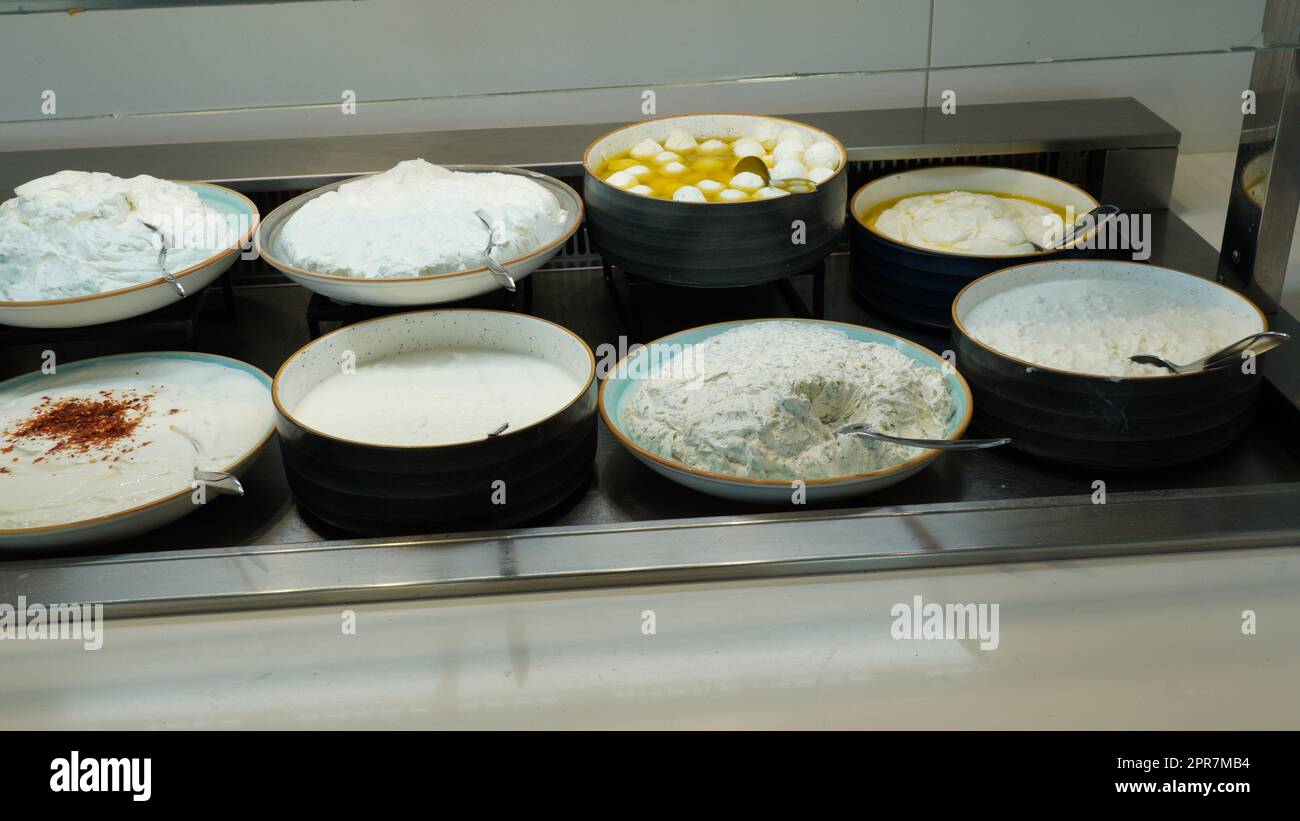 Breakfast in luxury hotel. Buffet setup in hotel dining restaurant ...