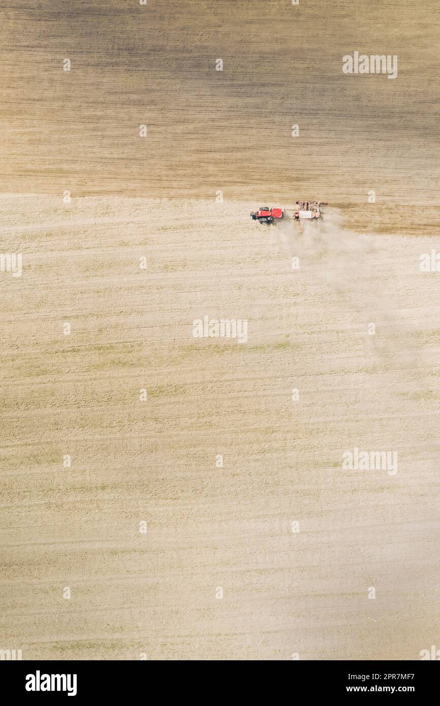 Aerial View. Tractor With Seed Drill Machine Sowing The Seeds For Crops ...