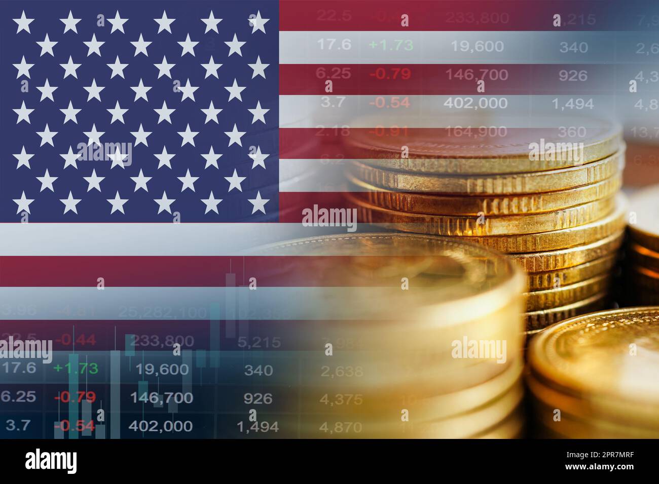 USA America flag with stock market finance, economy trend graph digital ...