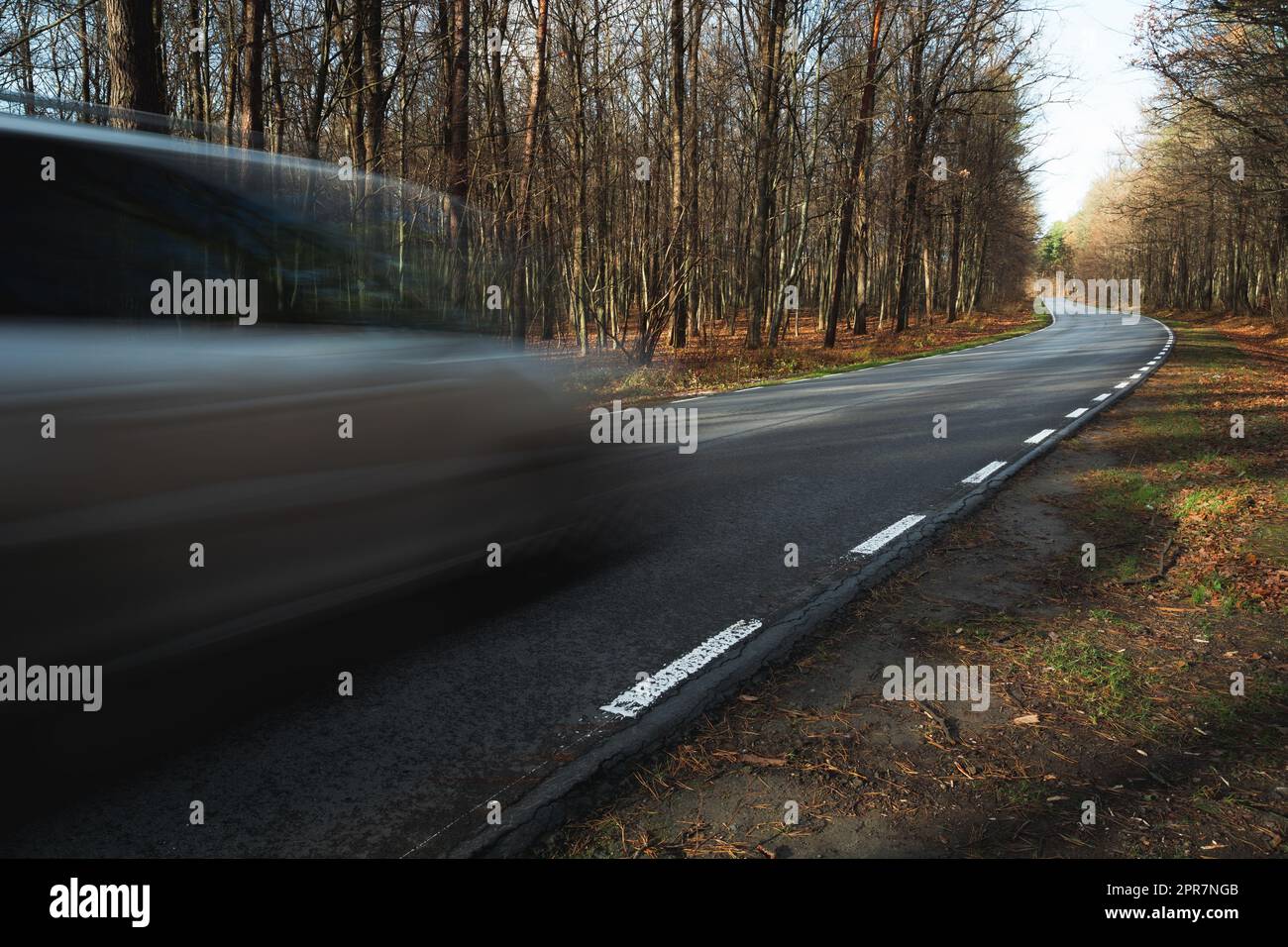 A car driving fast on a road through the forest Stock Photo - Alamy