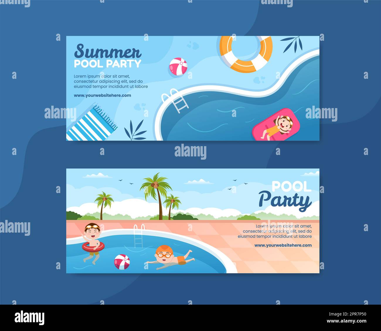 Summer Pool Party Horizontal Banner Template Cartoon Background Vector ...