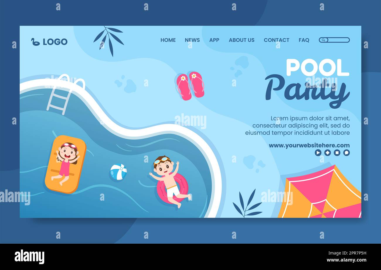 Summer Pool Party Social Media Landing Page Template Cartoon Background ...
