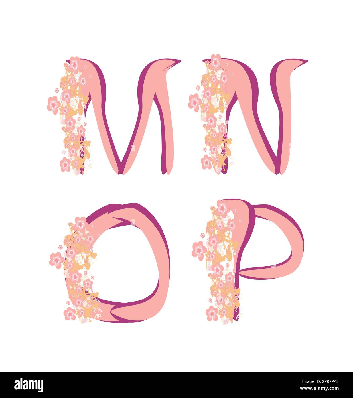 Vector spring alphabet with flowers letters M,N,O,P Stock Photo - Alamy