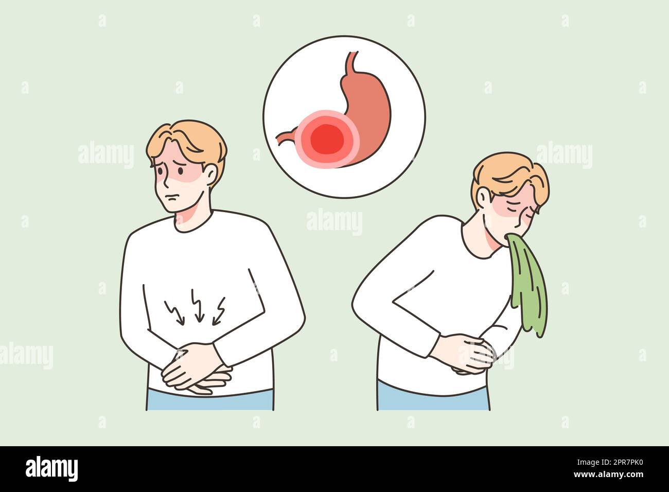 Unhealthy man suffer from stomachache vomit. Unwell male character ...