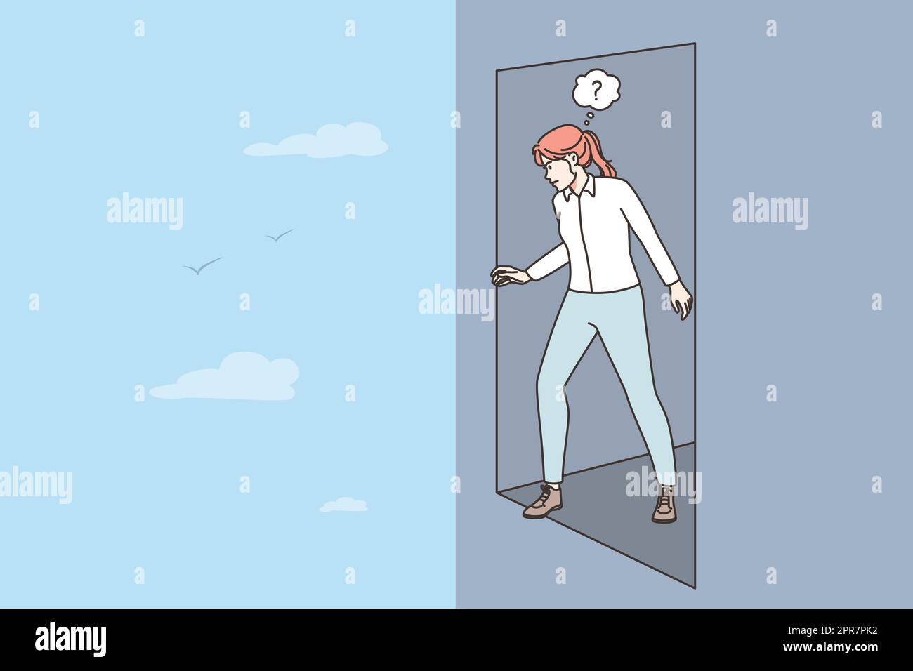 Confused businesswoman walk from door in unknown. Frustrated female ...